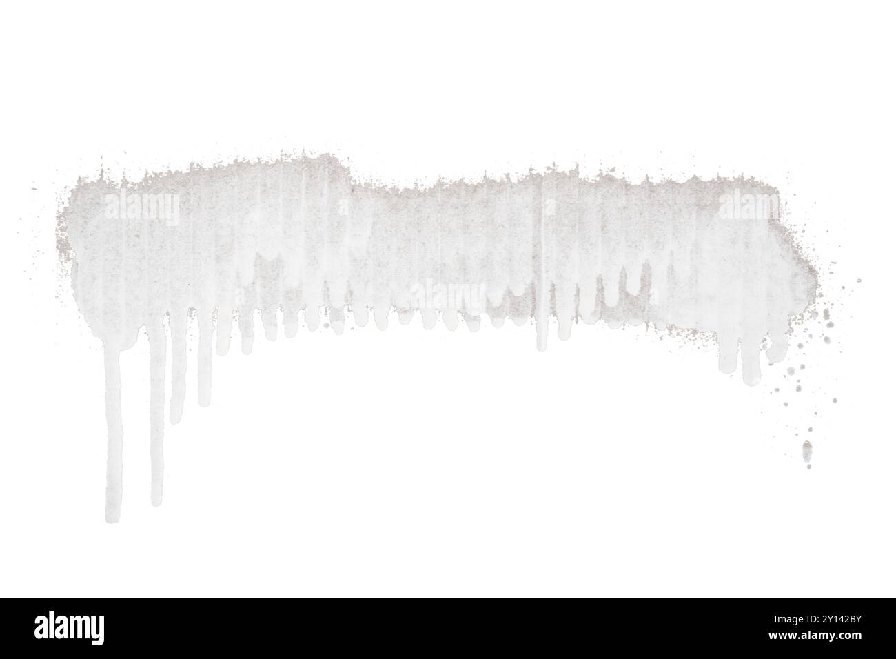 A stripe of white spray paint with drips on white background with ...