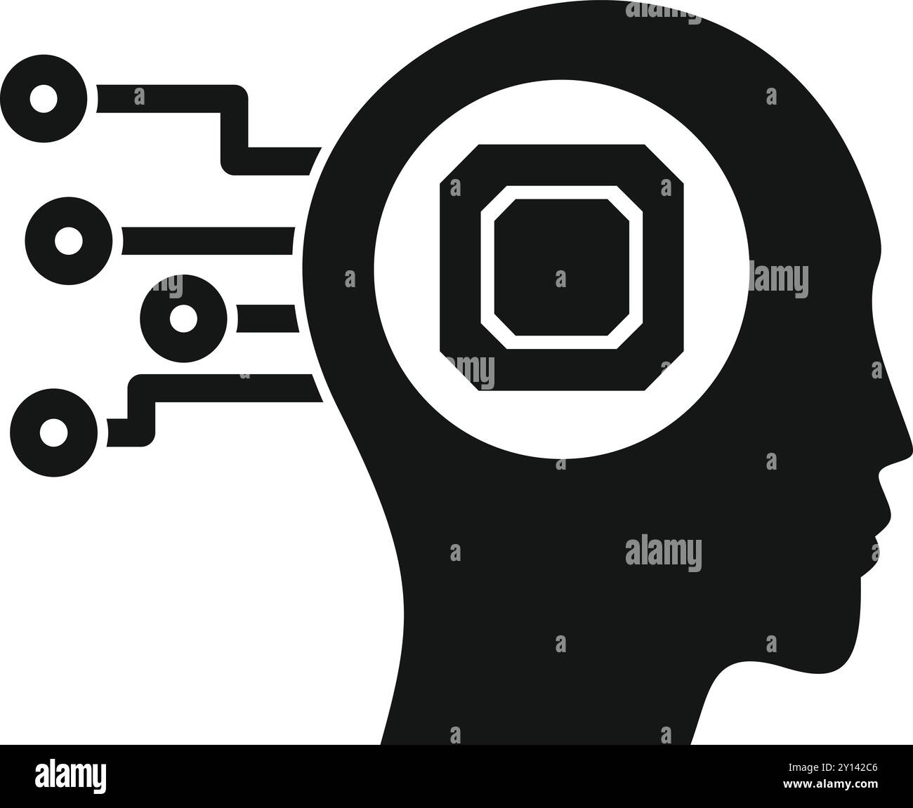 Black silhouette of a human head profile with an electronic microchip ...