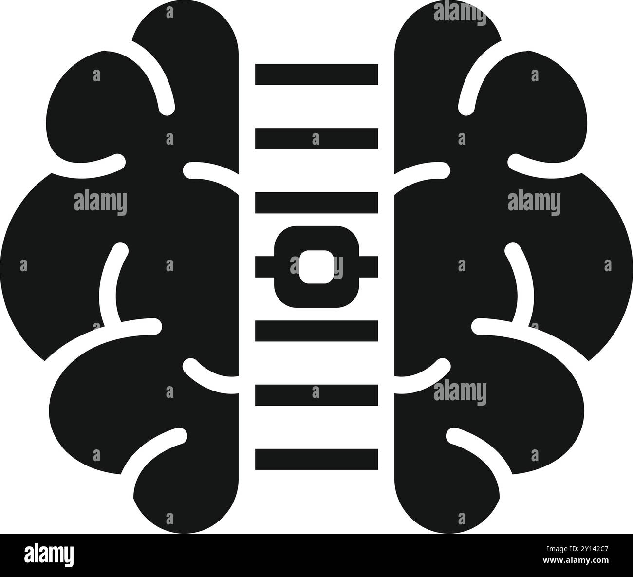 This black and white vector icon shows a microchip embedded in a brain ...