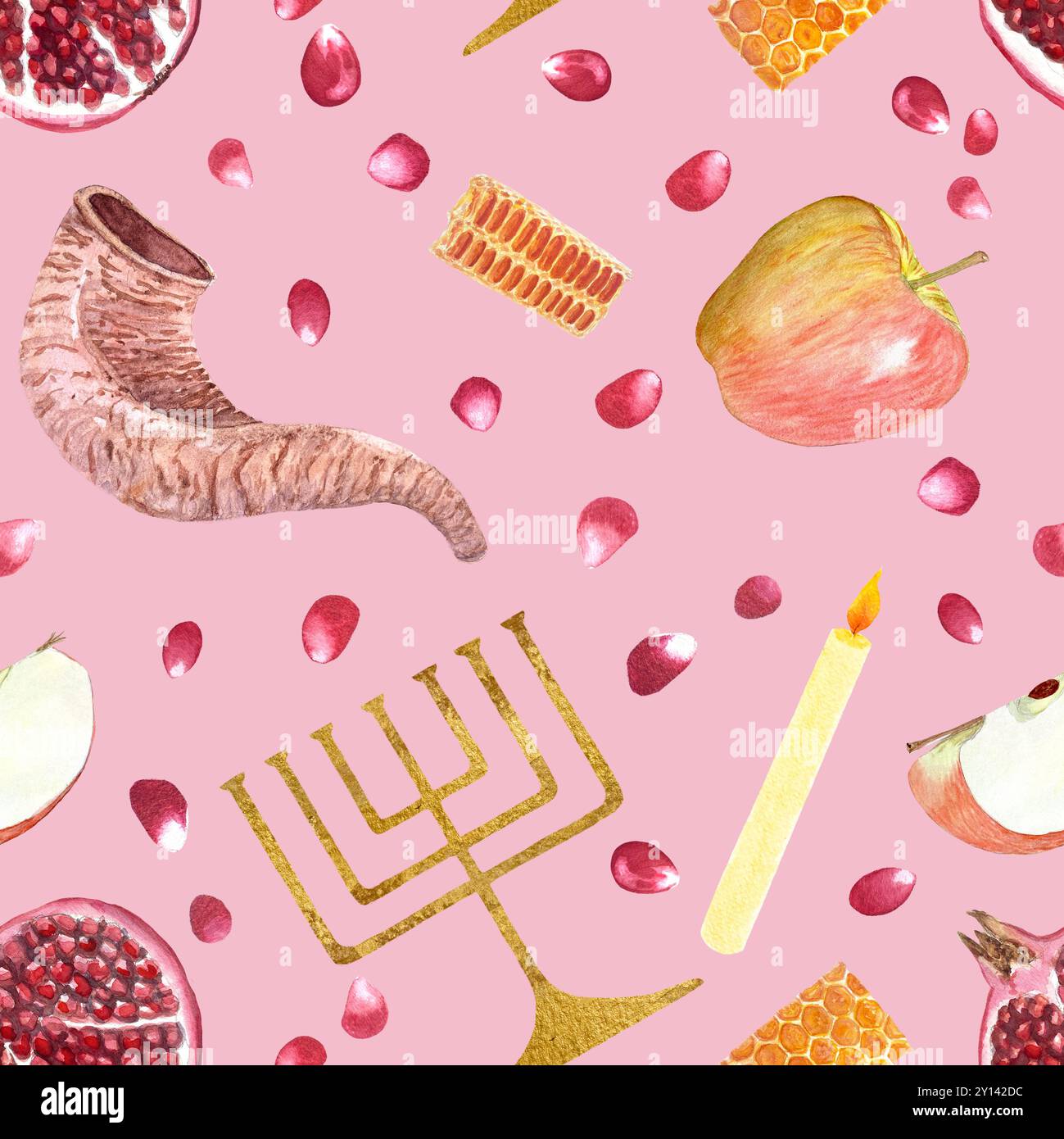 Shofar, apple, pomegranate, honeycomb, menorah, candle watercolor set ...