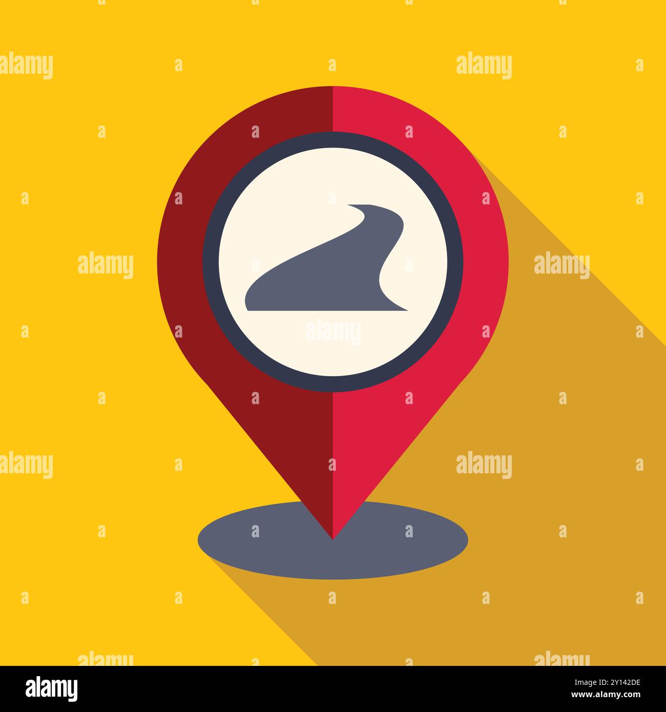 Red location pin icon with winding road symbol, concept for finding ...