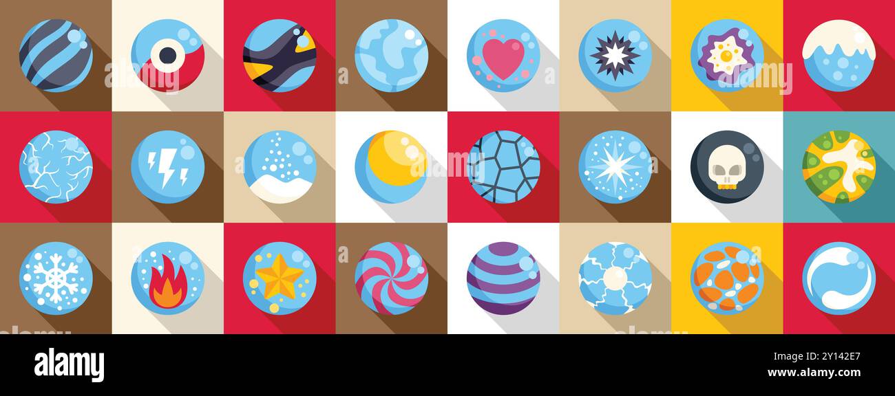 Game orbs icons set. Big set of magic round icons in flat style showing ...