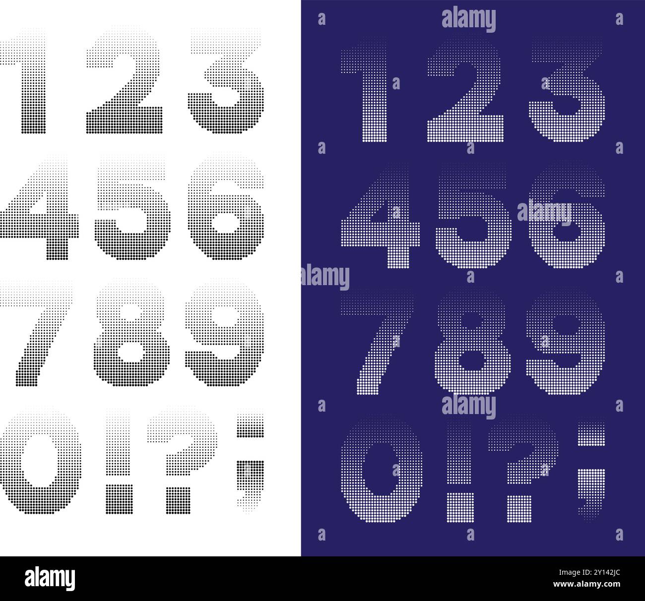 Numbers and punctuation mark with circular halftone dot pattern texture ...