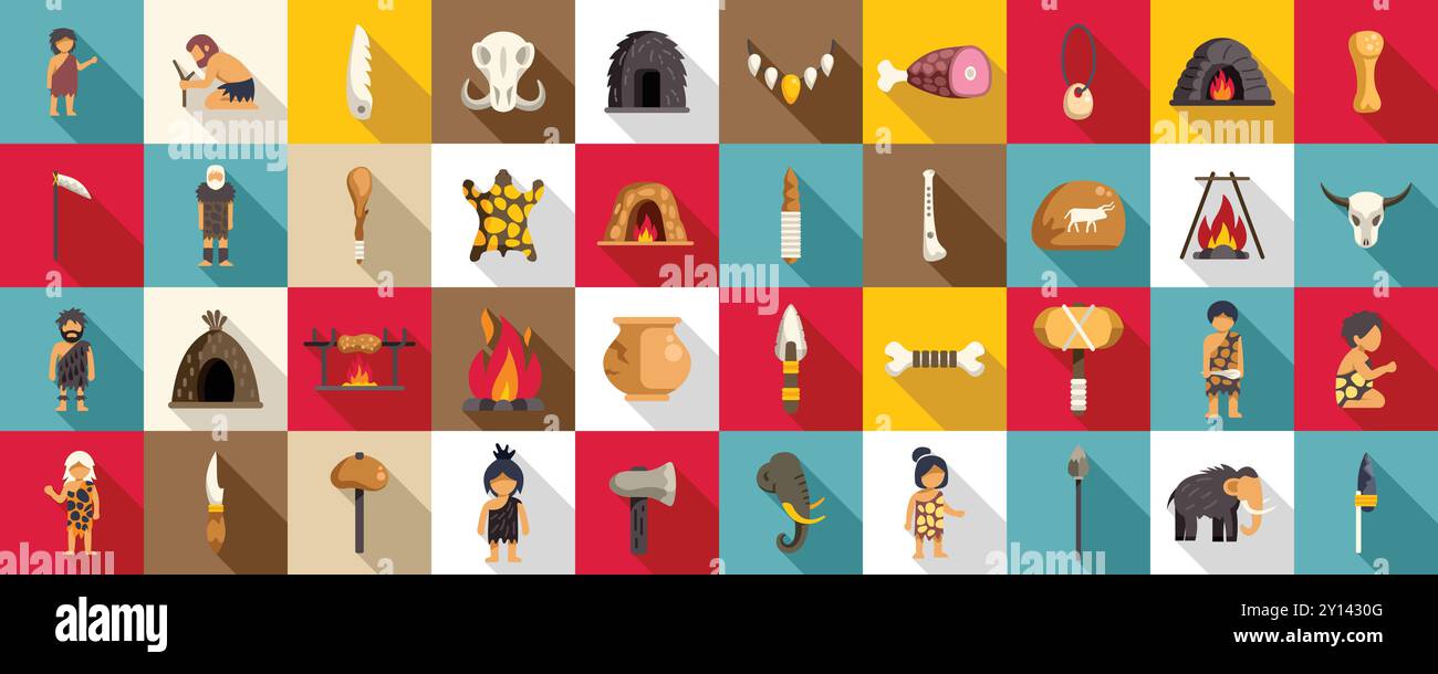 Ancient era family icons set. Prehistoric primitive caveman life ...