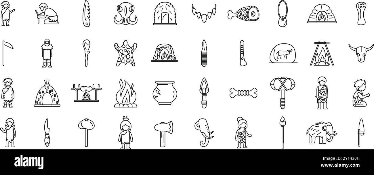 Ancient era family icons set. Different activities from the stone age ...