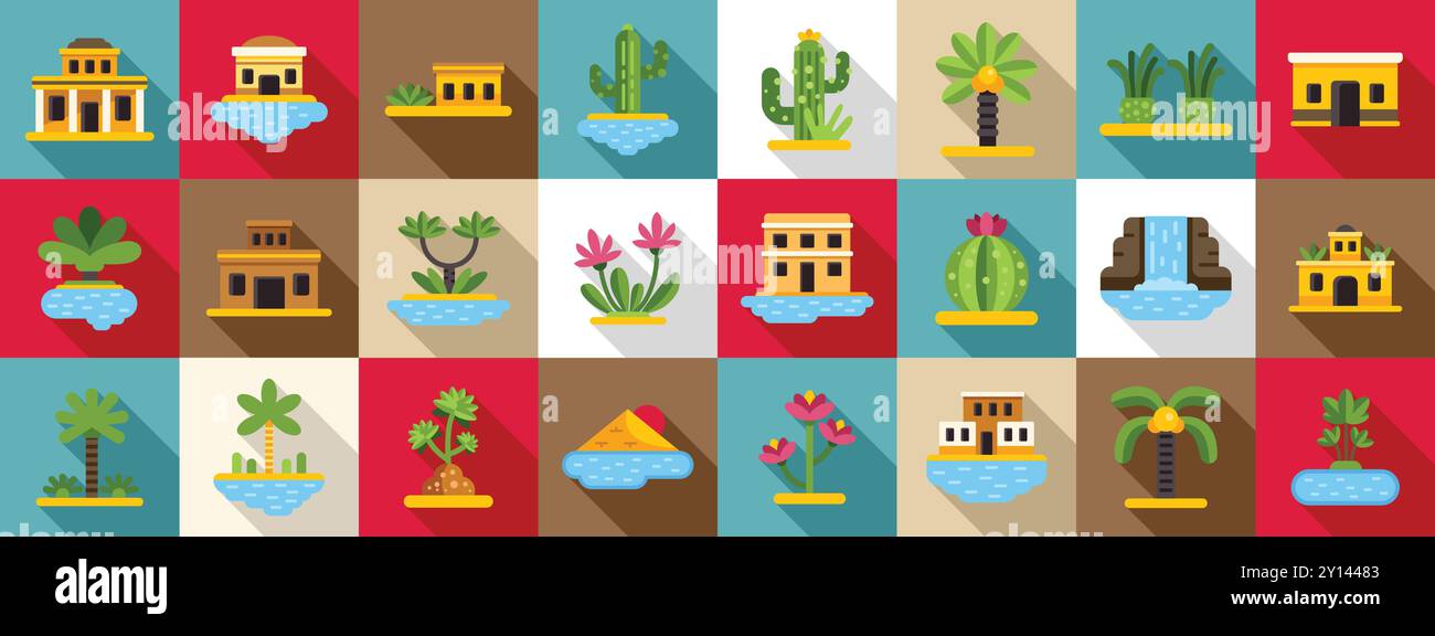 Lake desert icons set. Vector set of oasis landscape elements showing ...