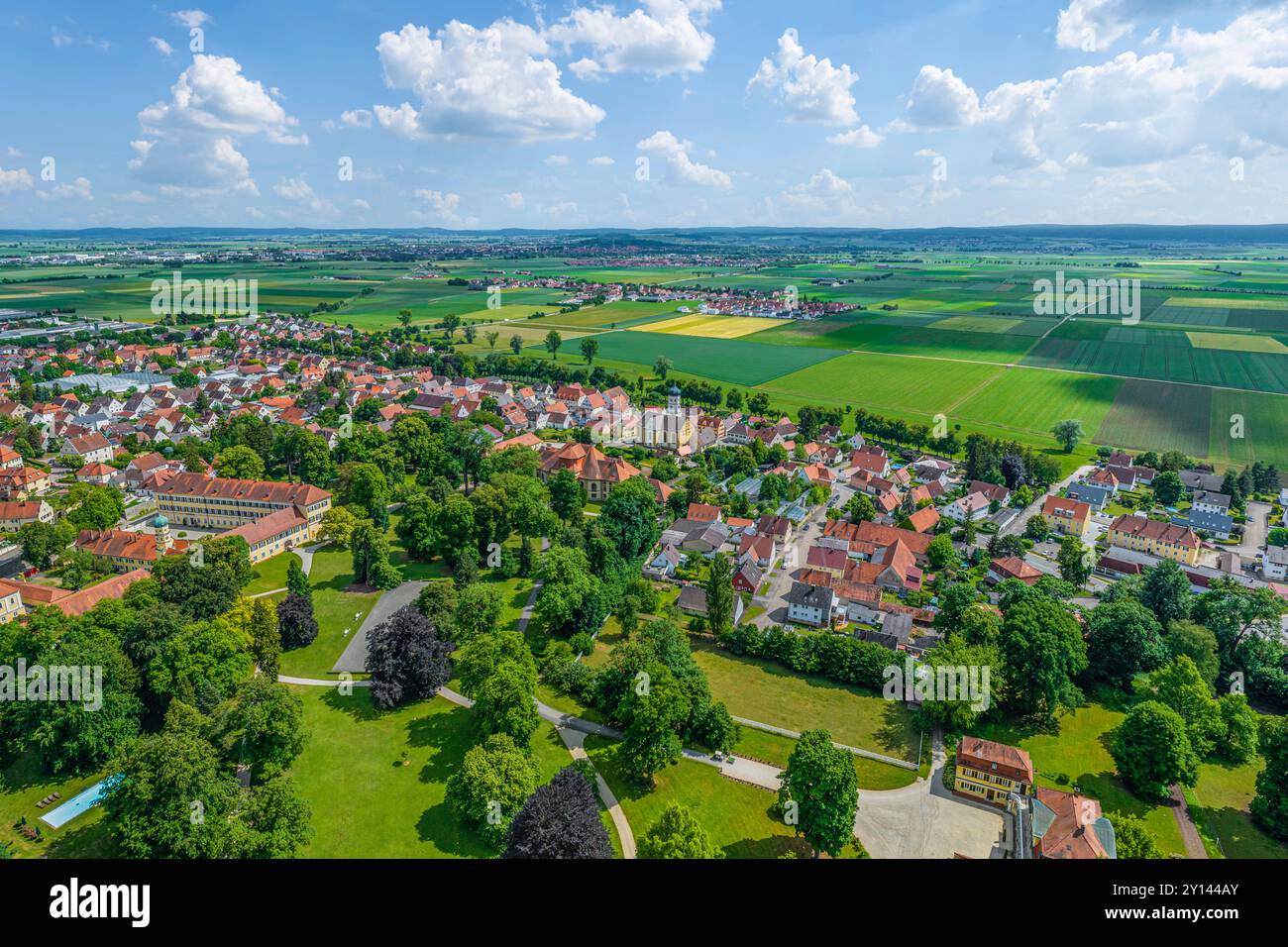 Aerial view of the village of Wallerstein in the centre of the ...