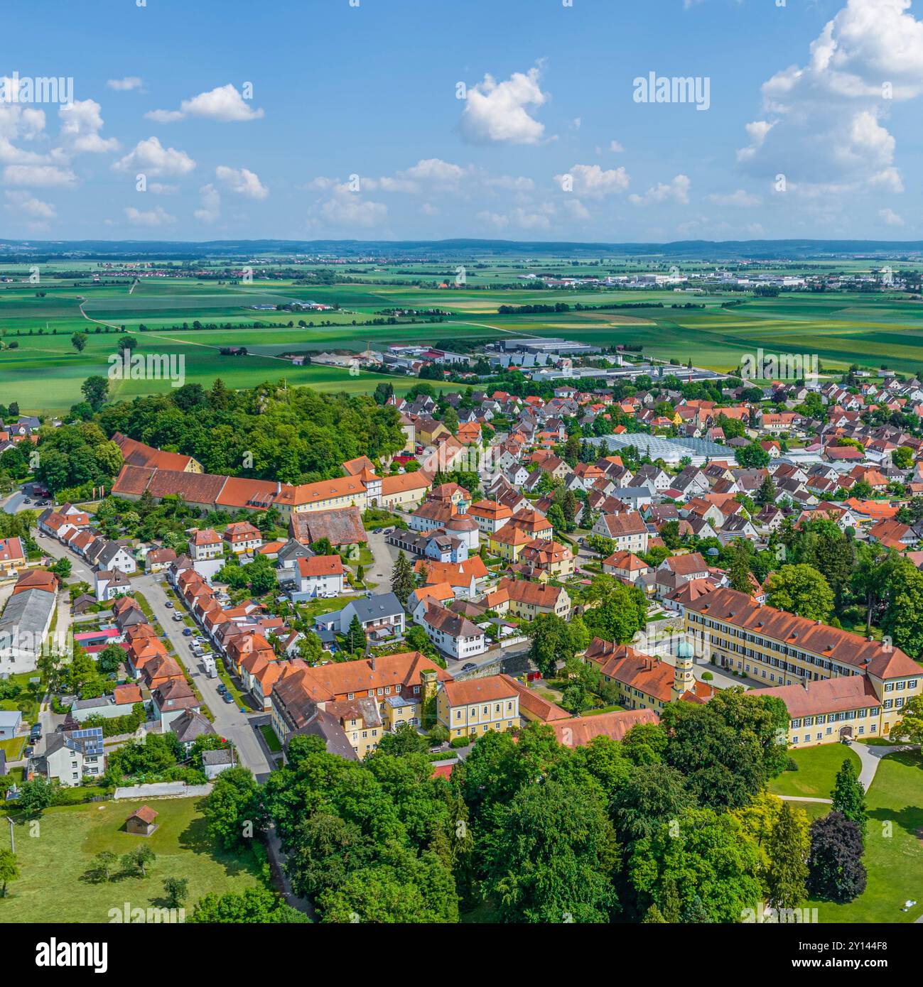 Aerial view of the village of Wallerstein in the centre of the ...