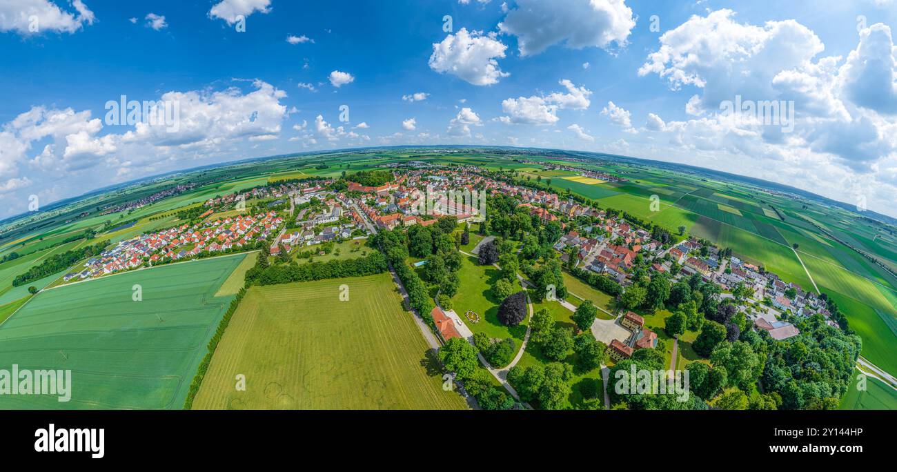 Aerial view of the village of Wallerstein in the centre of the ...