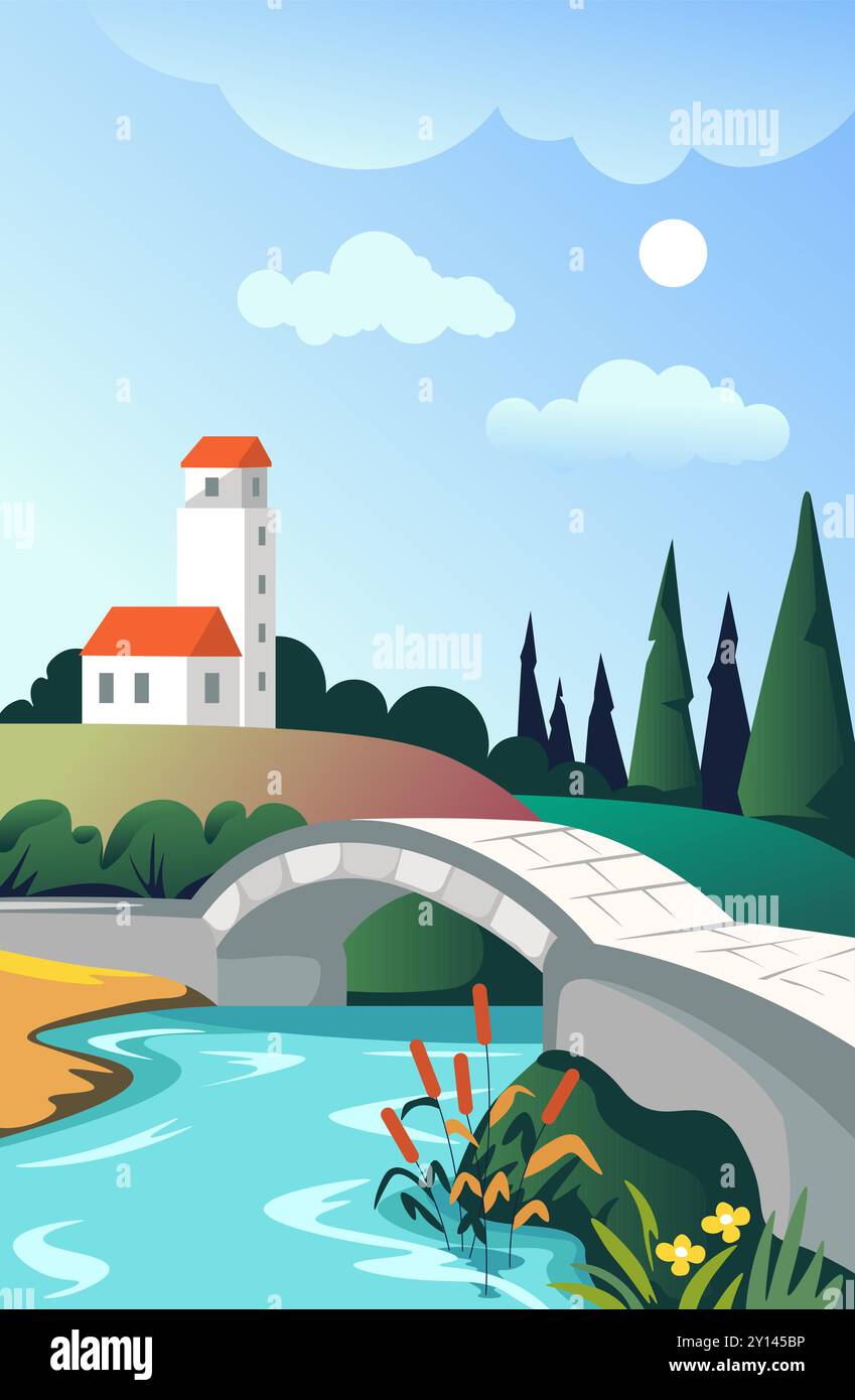 Landscape river bridge serene Stock Vector Images - Alamy