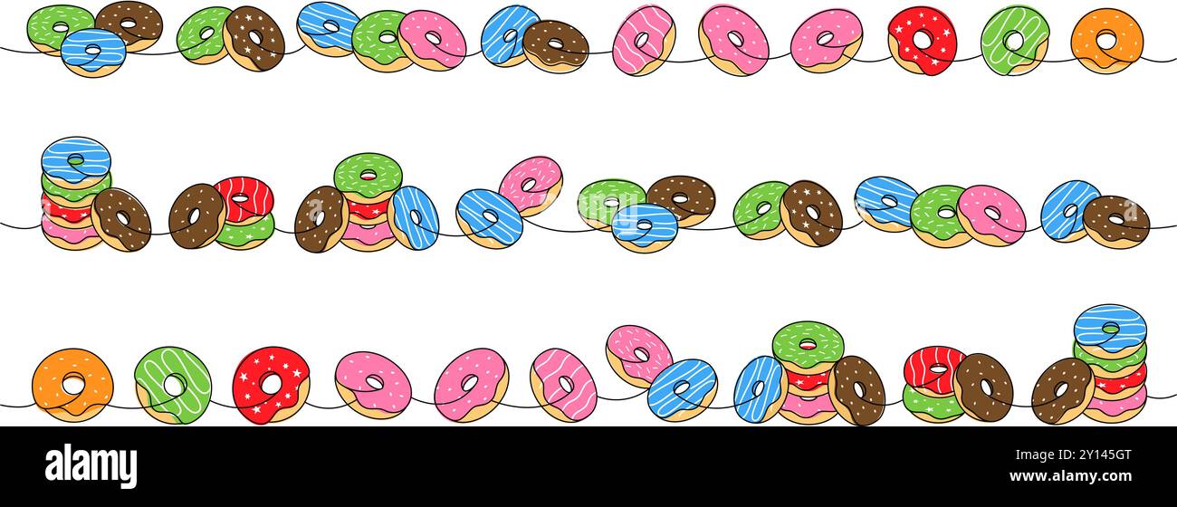 Set of take away donuts. Delicious donuts one line colored continuous ...