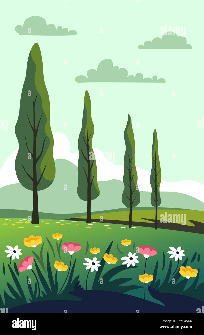 Serene spring meadow trees Stock Vector Images - Alamy