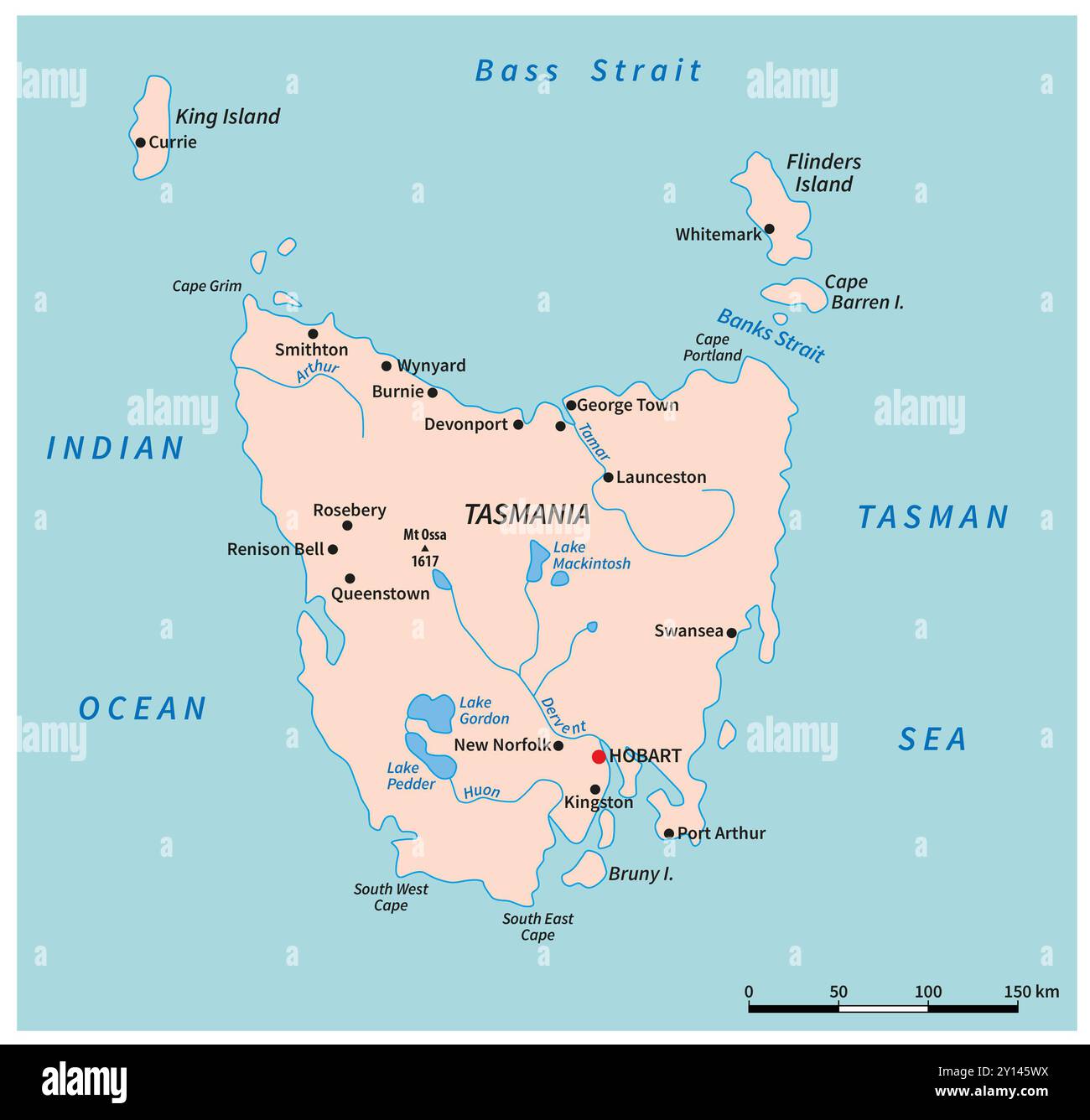 Simple overview map of the Australian island of Tasmania Stock Photo - Alamy