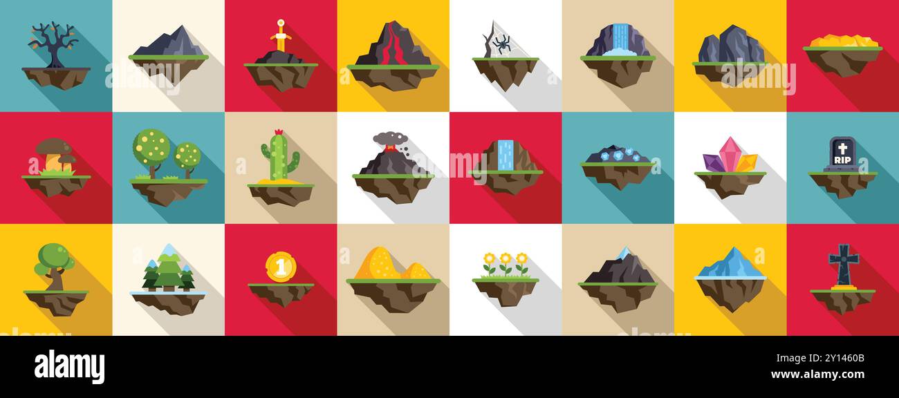 Floating game island icons set. Collection of various landscapes ...