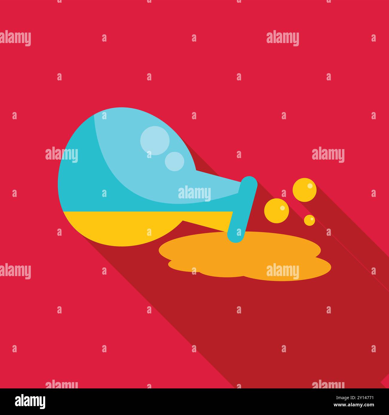 Round bottom flask spilling yellow chemical liquid icon in flat style ...