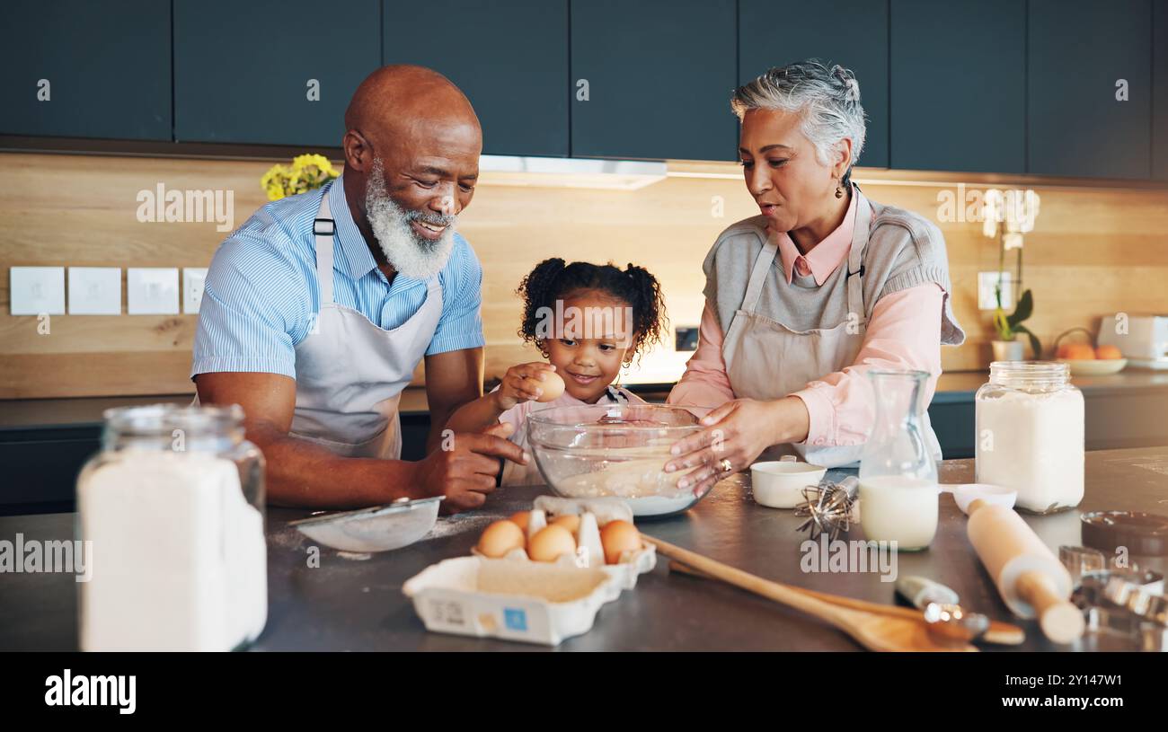 Baking, child and helping grandparents with preparation for cookies ...
