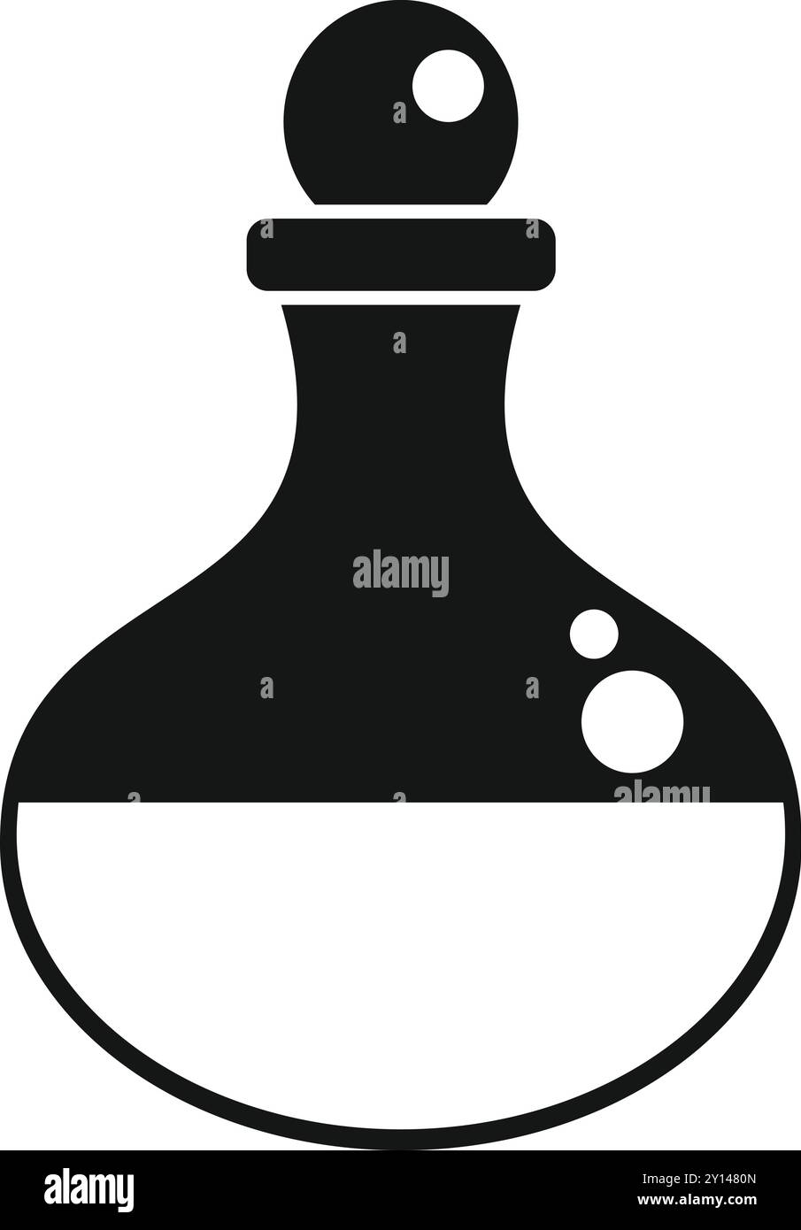 Simple vector icon of a round chemistry potion bottle with bubbles, for all your magical science ...