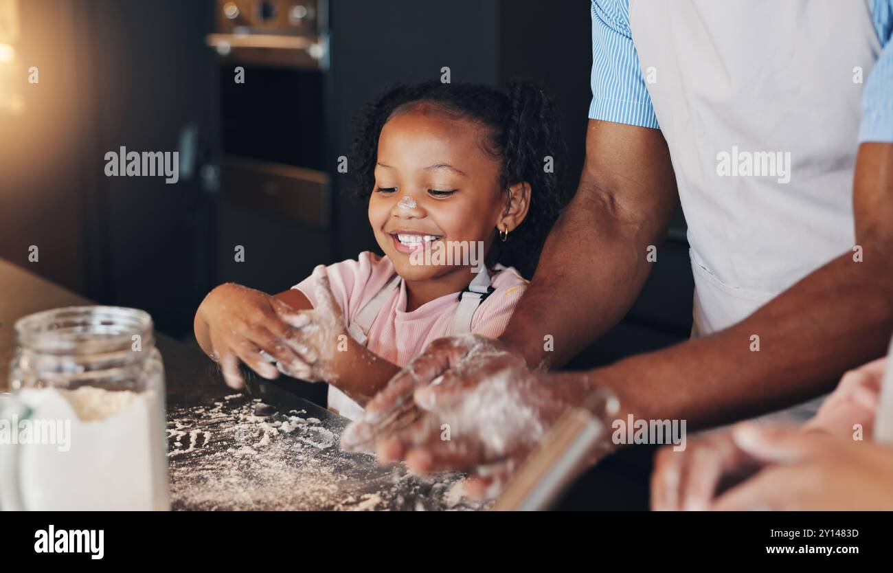 Baking, parents and kid with flour on hands in kitchen for learning ...