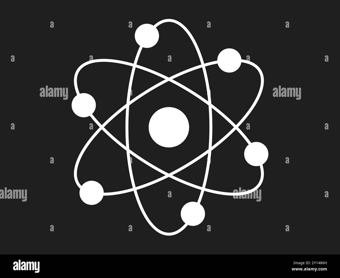 White silhouette of an atom with orbiting electrons isolated on a black background. Concept of ...