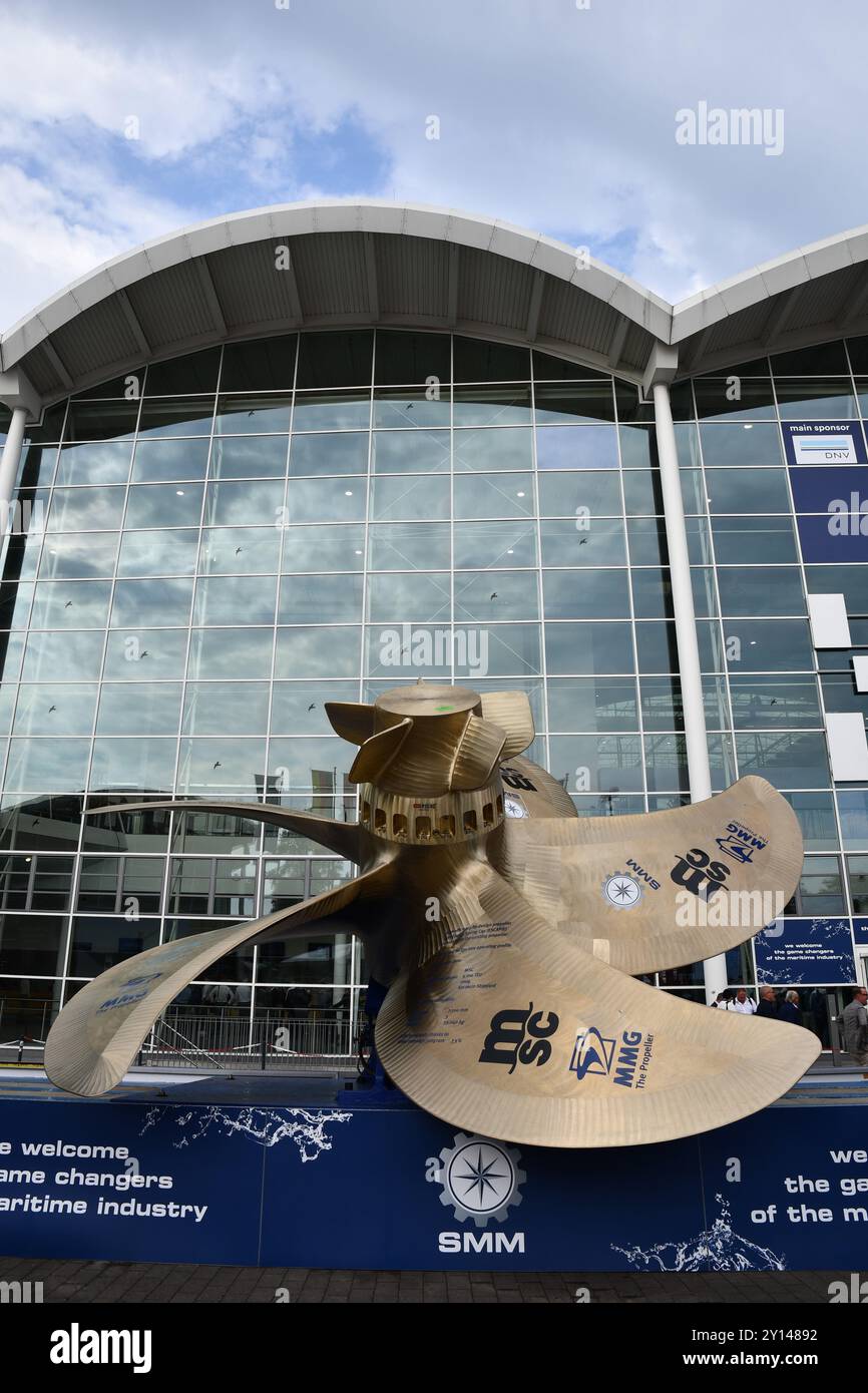Ship propeller screw near main entrance of maritime trade fair SMM 2024 ...