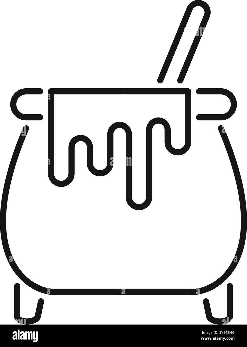 Black and white line art icon of a witch cauldron boiling with magic potion and stick for ...