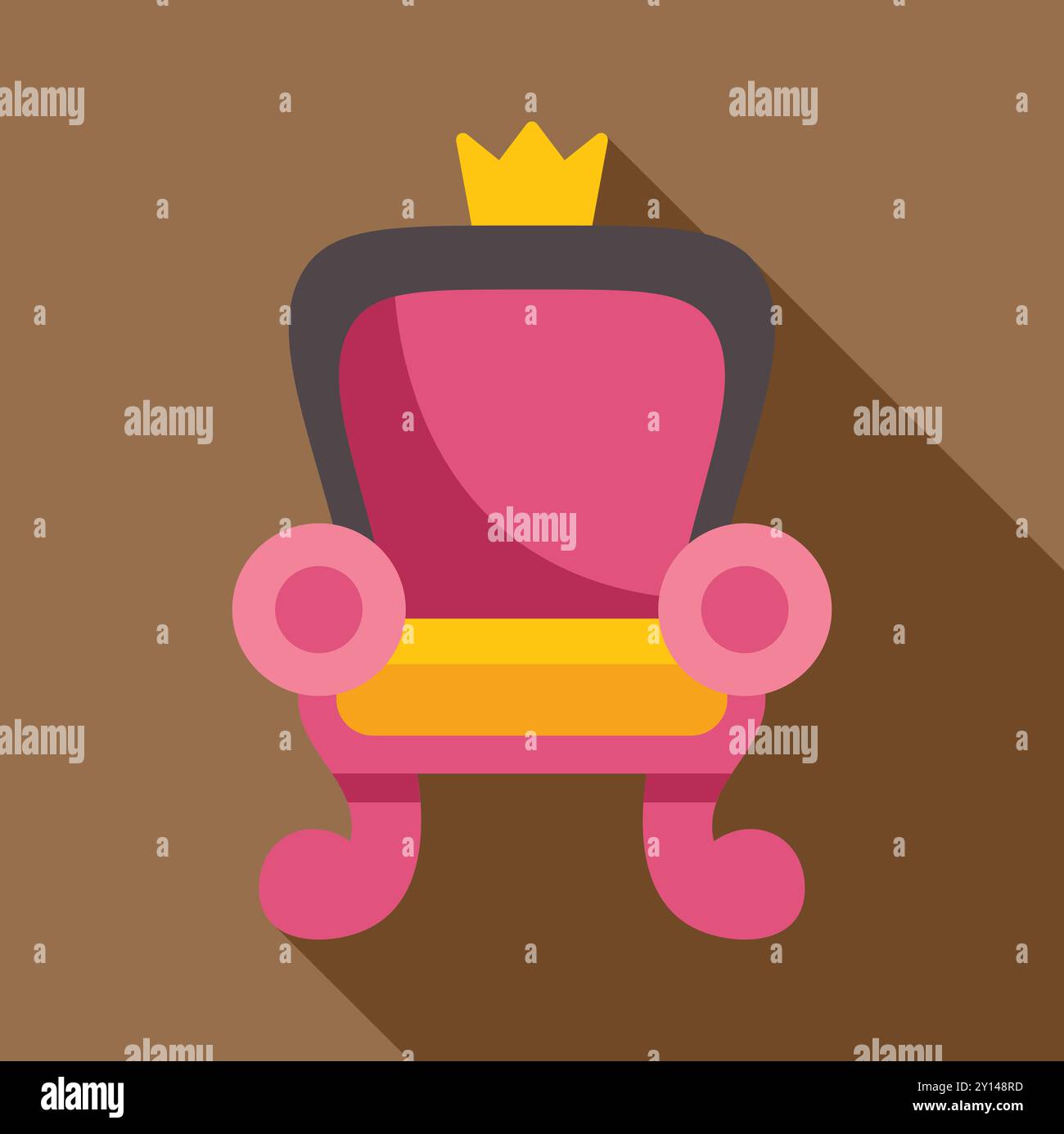 Pink royal throne with golden crown icon representing monarchy, power and kingdom in flat design ...