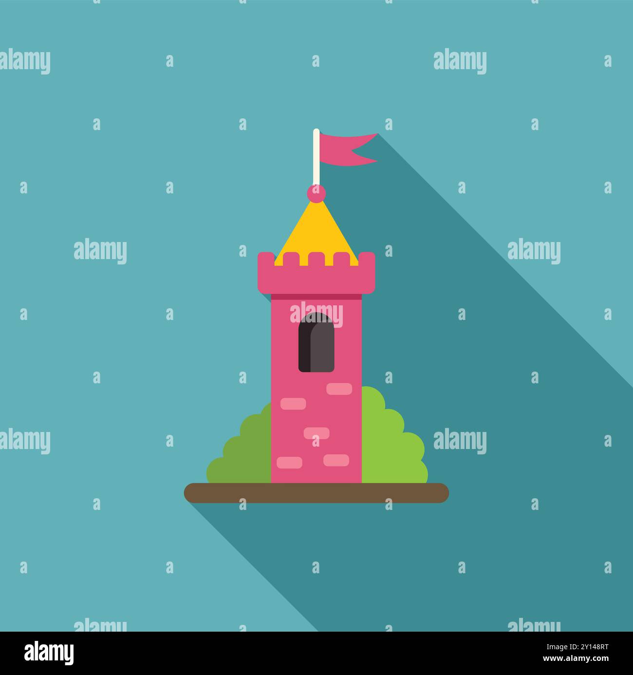 Minimalist flat design illustration of a pink castle tower with a ...