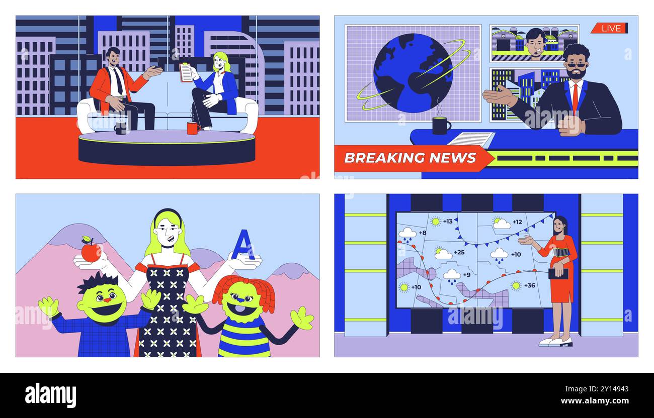 TV news and shows cartoon flat illustrations set Stock Vector Image ...