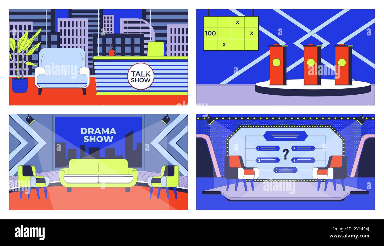 Entertainment TV shows studio setups cartoon flat illustrations set ...
