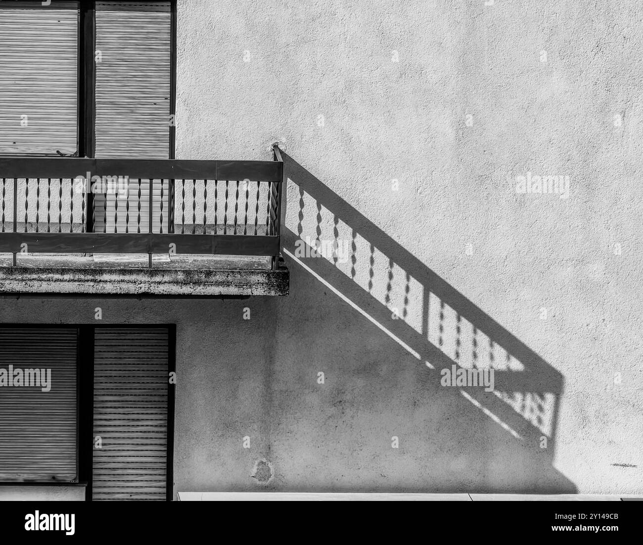 Closed Balcony Door with Blinds: Abstract Staircase Shadows and Dirty ...