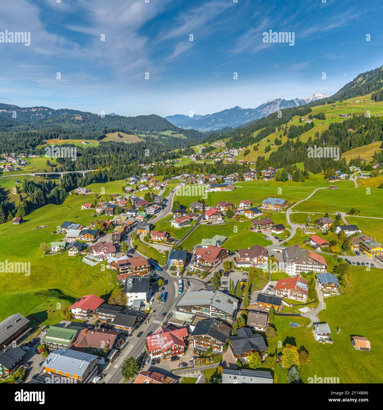 Sunny day in September in Kleinwalsertal around the main village of ...