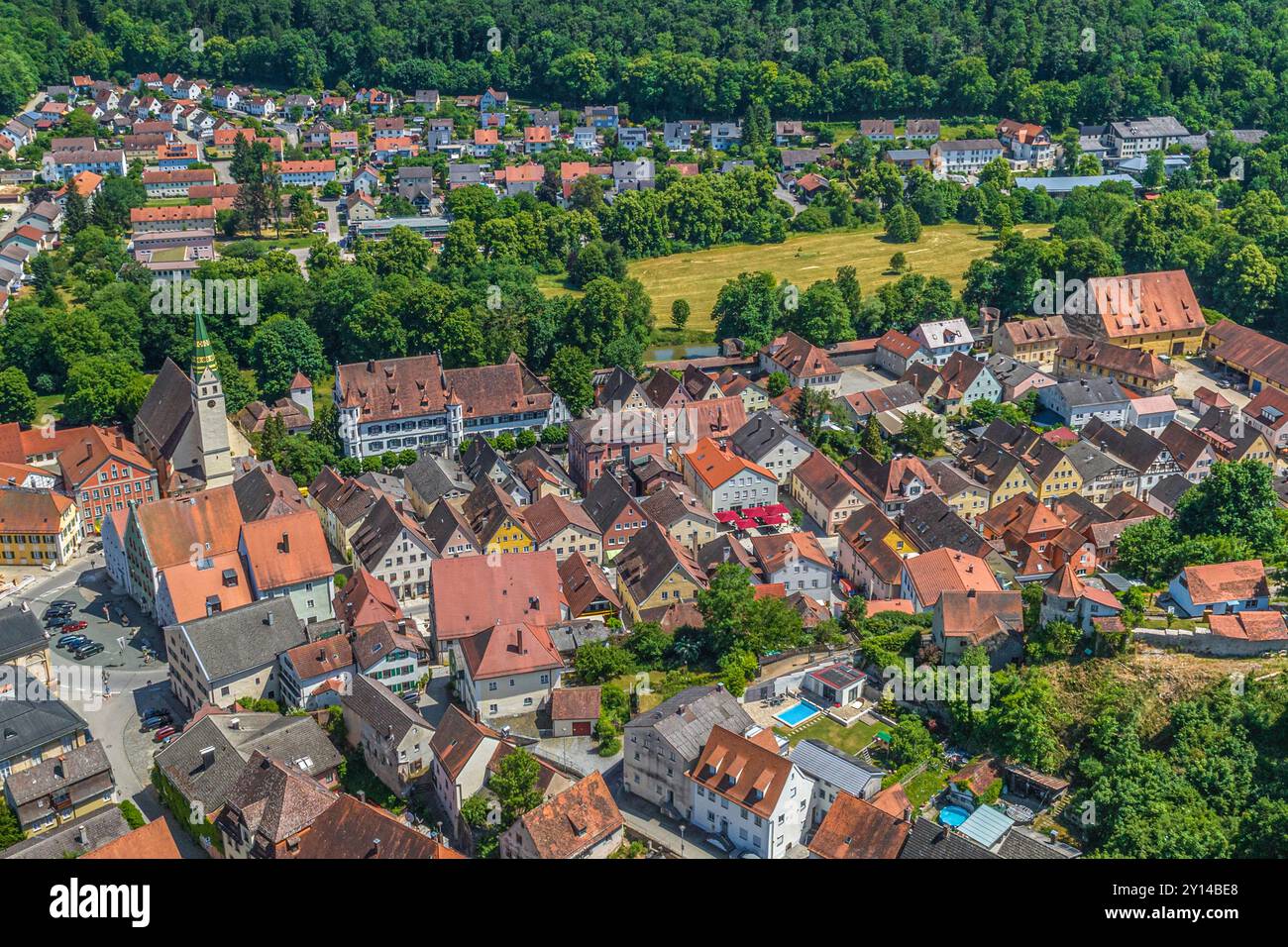 The beautiful little town of Pappenheim in the nature park Altmuehl ...