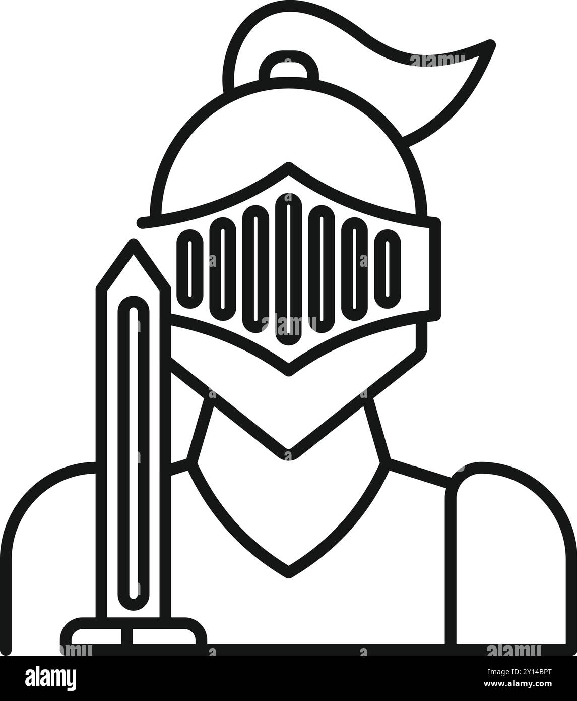 Line drawing of a knight holding a sword, wearing a helmet with a visor ...