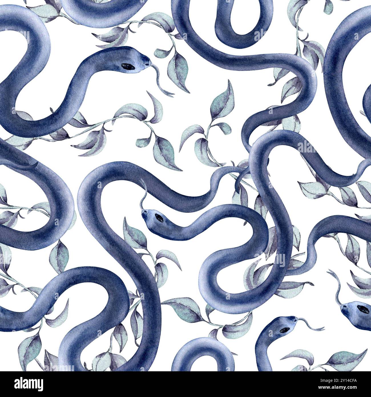 Dark blue snakes twist with delicate leaves watercolor monochrome ...