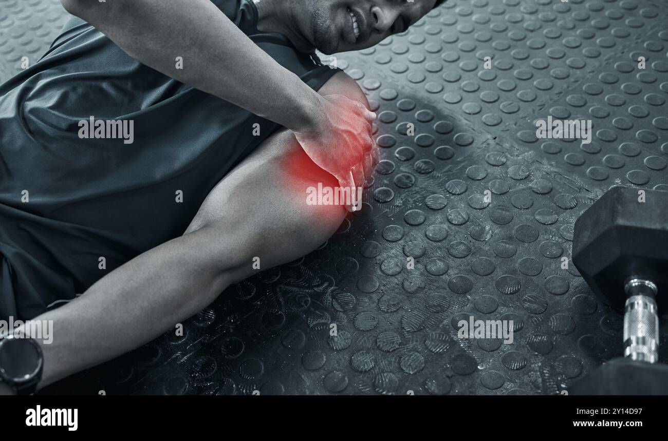 Fitness, injury and shoulder pain with man on floor of gym for accident ...