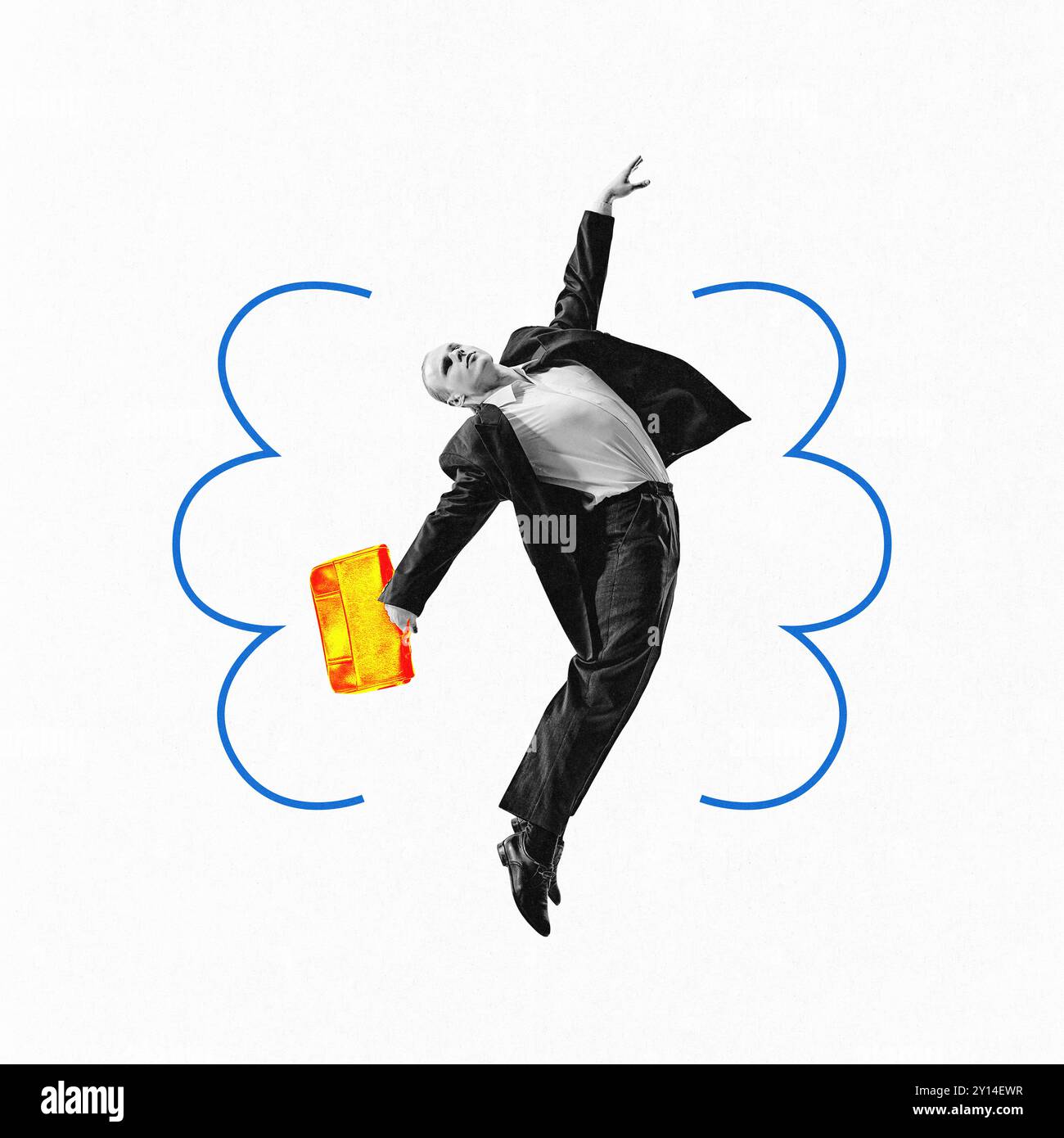 Contemporary art collage. Body. Man in suit leaps with bright briefcase ...