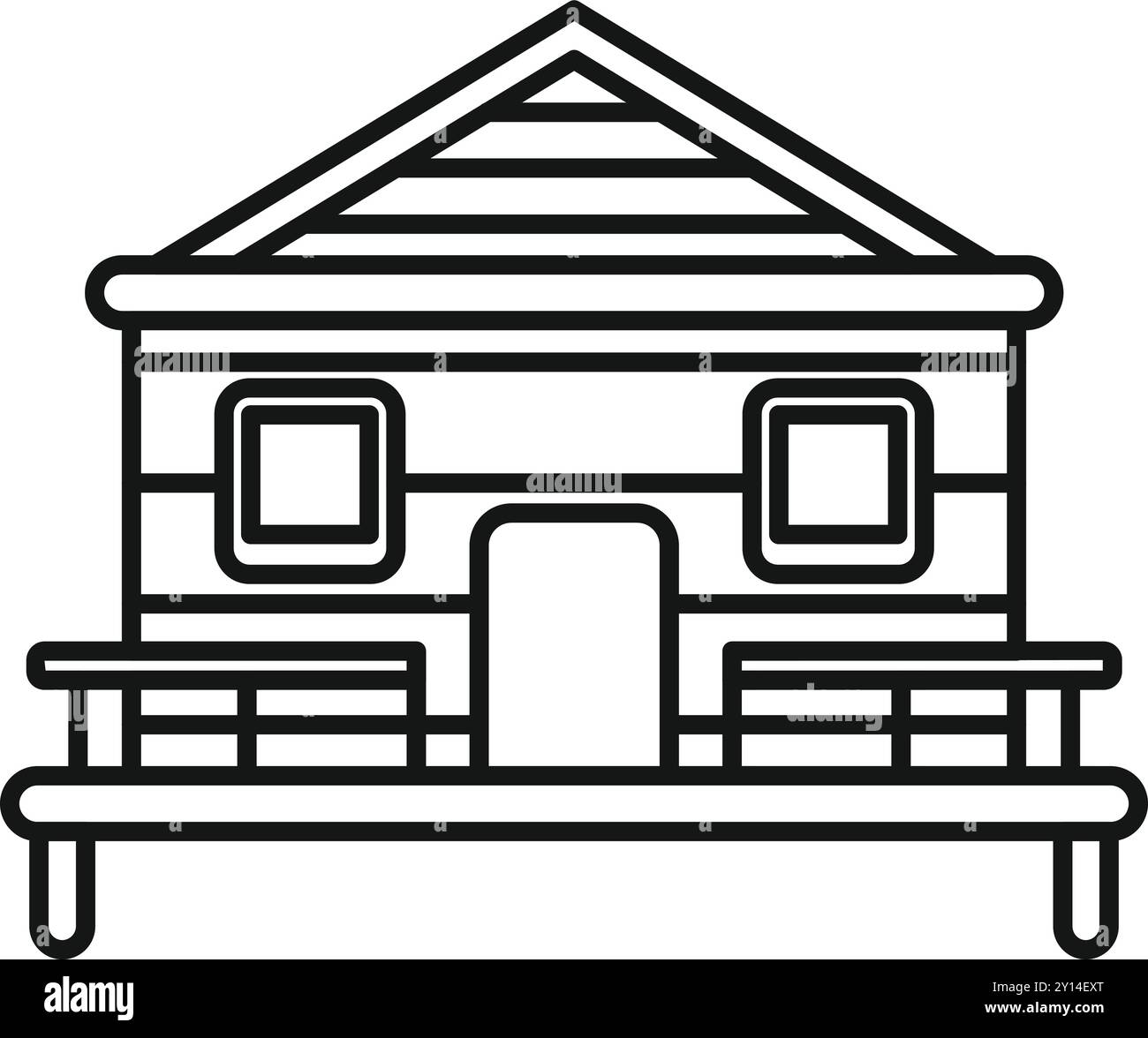 Simple line icon of a wooden bungalow with terrace, railing and windows ...