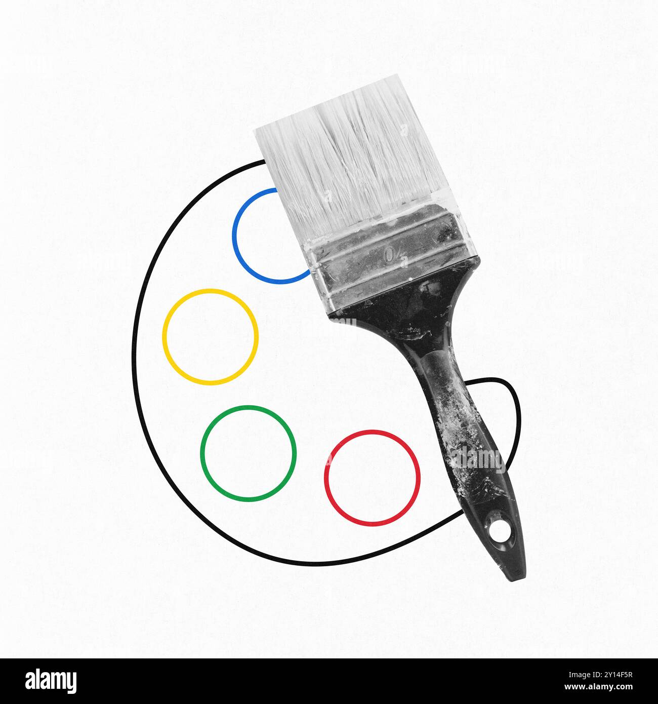 Contemporary art collage. Design. Paintbrush placed over color palette ...