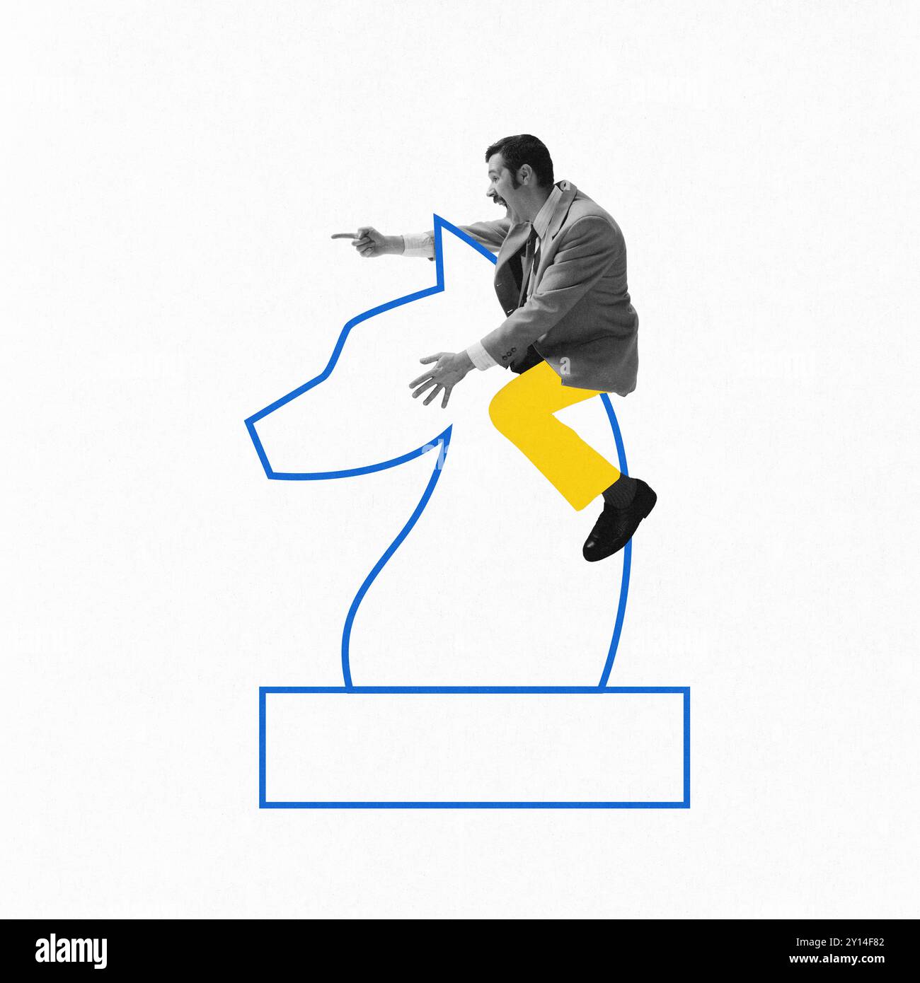 Contemporary art collage. Strategy. Businessman riding knight chess ...