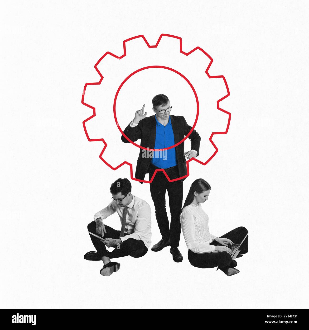Contemporary art collage. Three professionals inside gear, highlighting ...