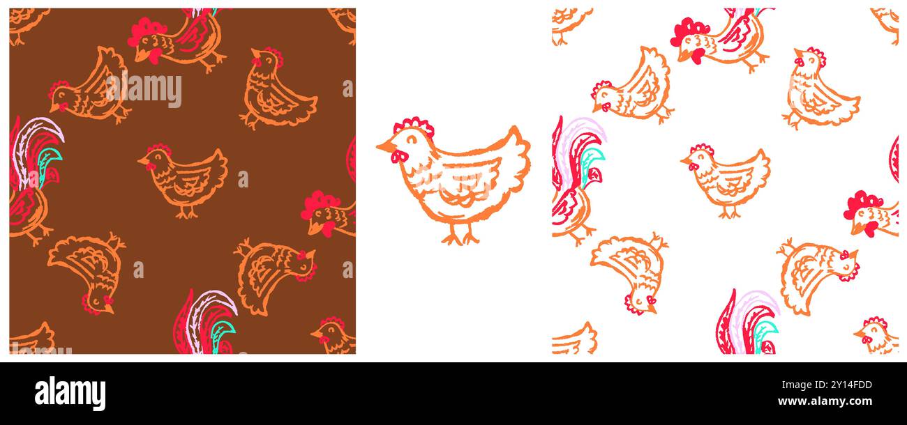 Seamless pattern. Set drawings with wax crayons. Chickens, roosters ...