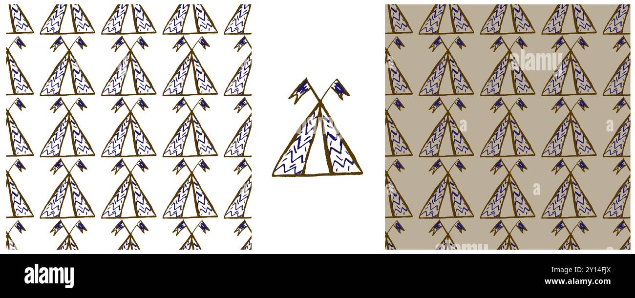 Seamless pattern. Set drawings with wax crayons. Tent, wigwam. Print ...