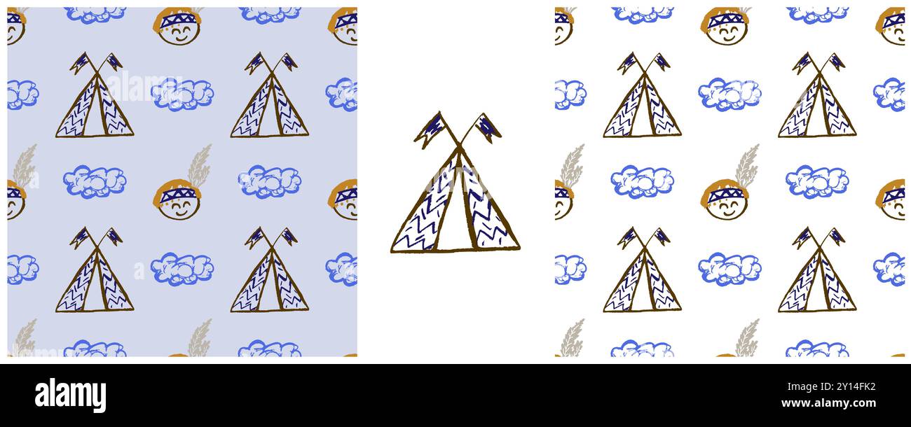 Seamless pattern. Set drawings with wax crayons. Wigwam, Indian. Print ...