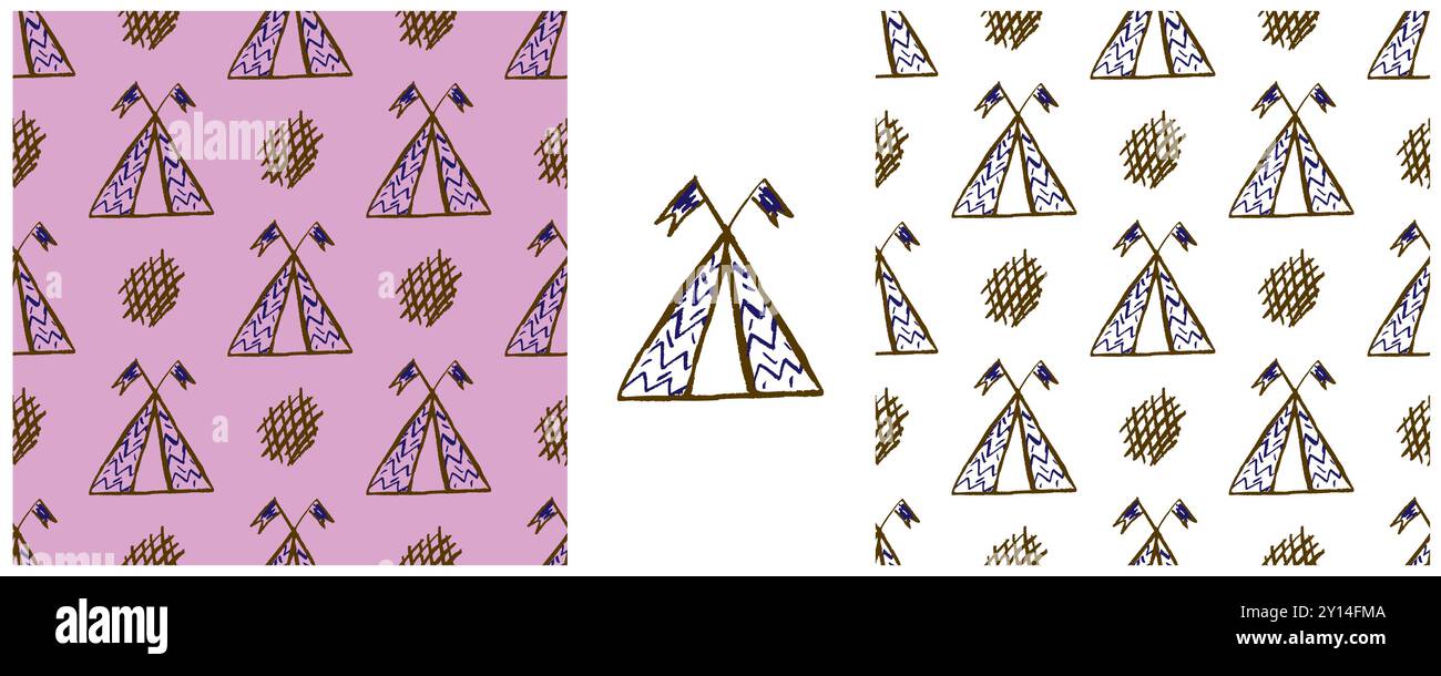 Seamless pattern. Set drawings with wax crayons. Tent, wigwam. Print ...