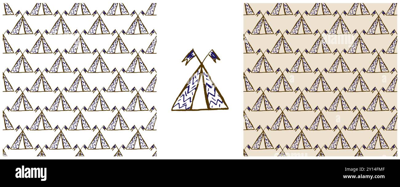 Seamless pattern. Set drawings with wax crayons. Tent, wigwam. Print ...