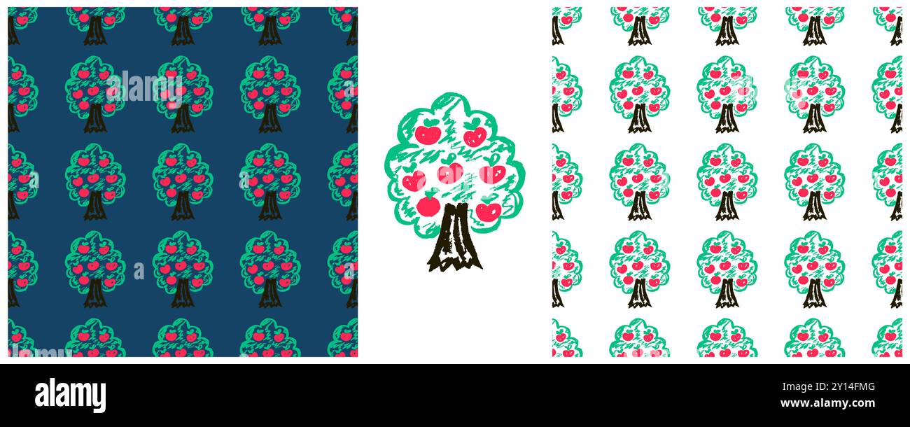 Seamless pattern. Set drawings with wax crayons. Garden, apple trees ...