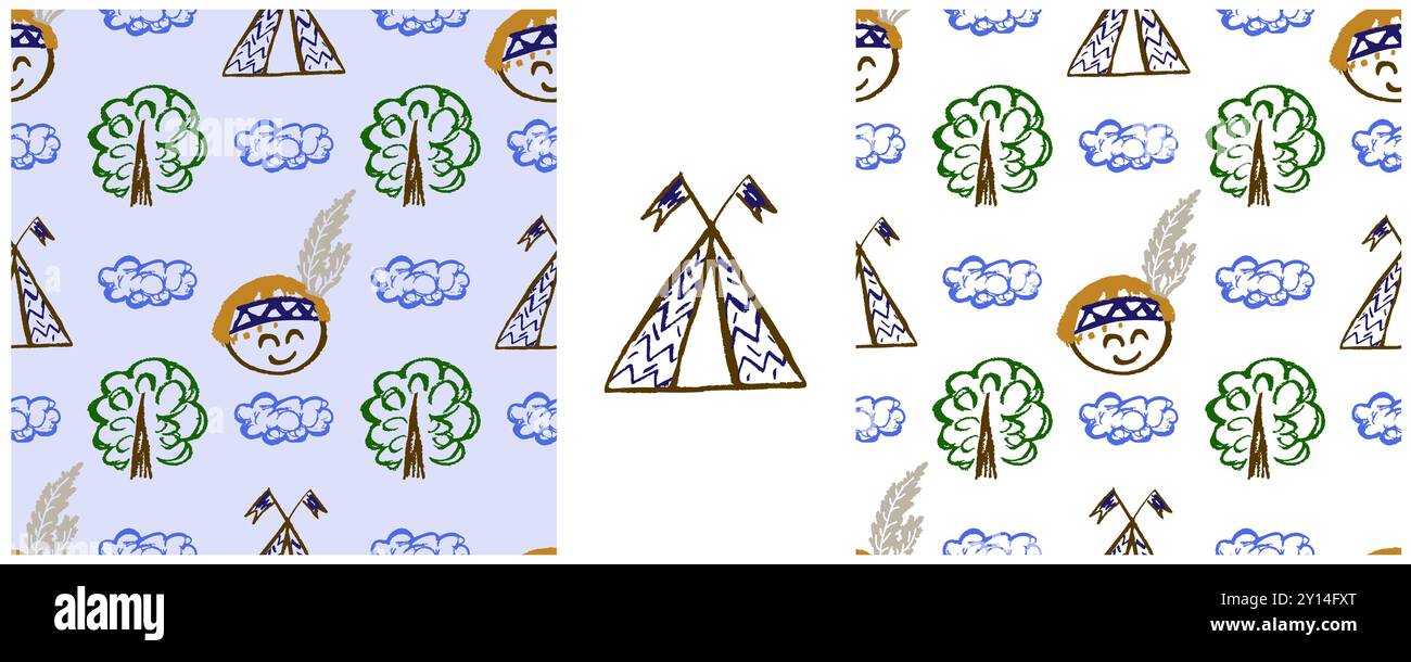 Seamless pattern. Set drawings with wax crayons. Wigwam, Indian. Print ...