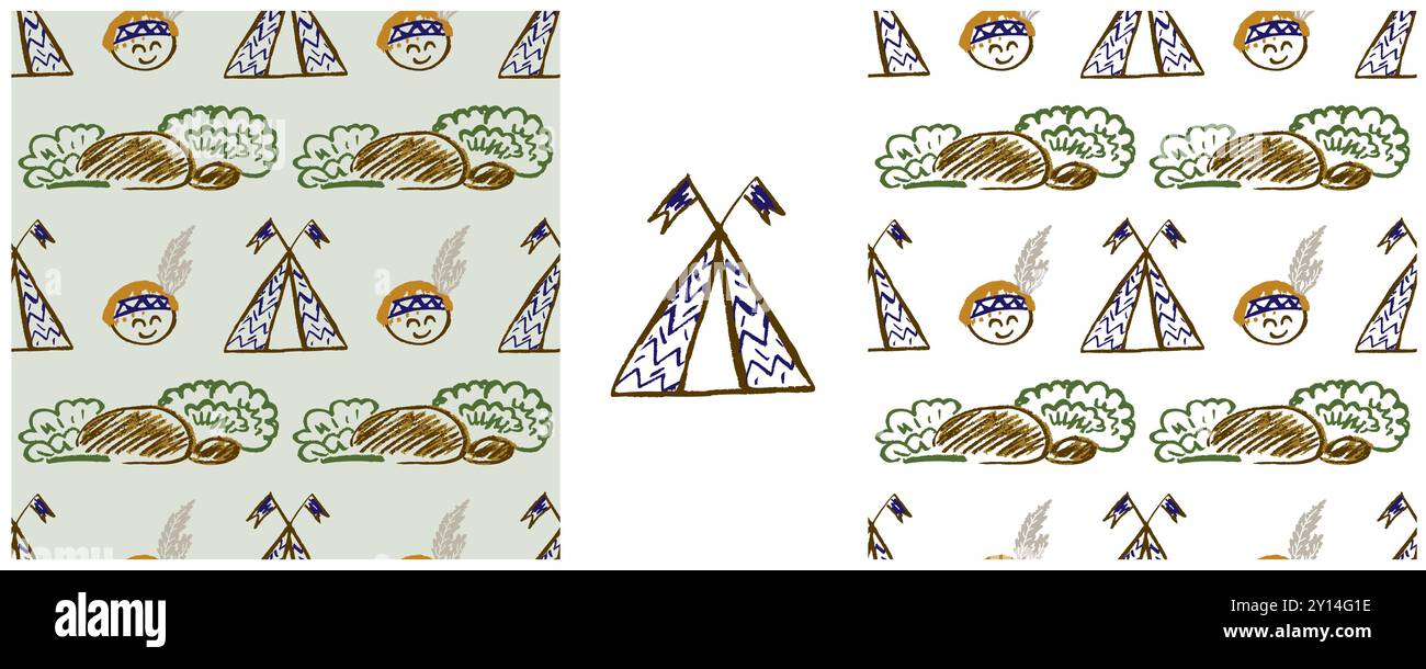 Seamless pattern. Set drawings with wax crayons. Wigwam, Indian. Print ...