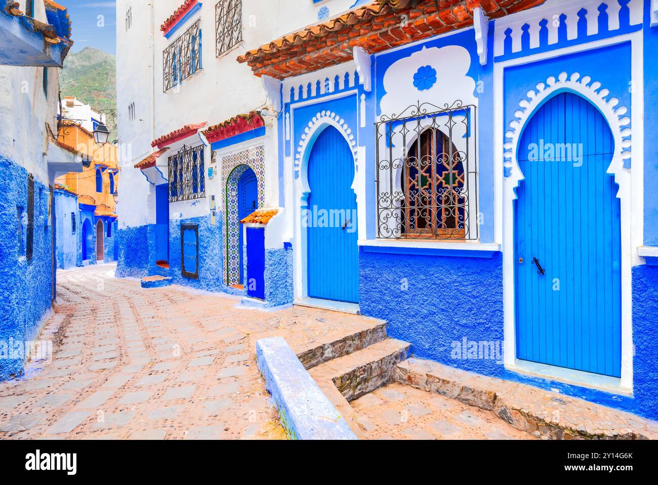 Chefchaouen, Morocco. Blue staircase and decorated walls, typical ...