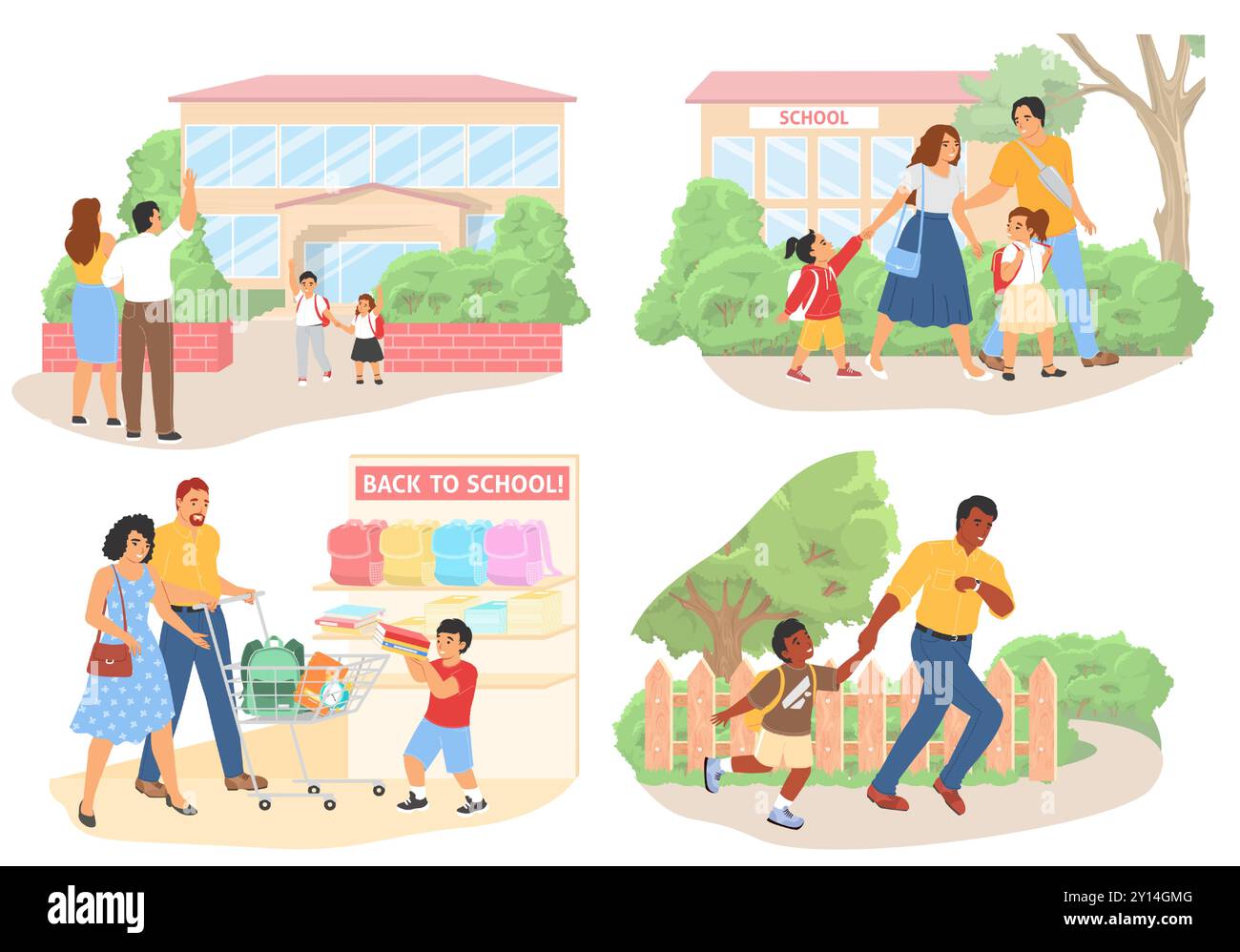 Back to school scene with happy parents and children vector ...